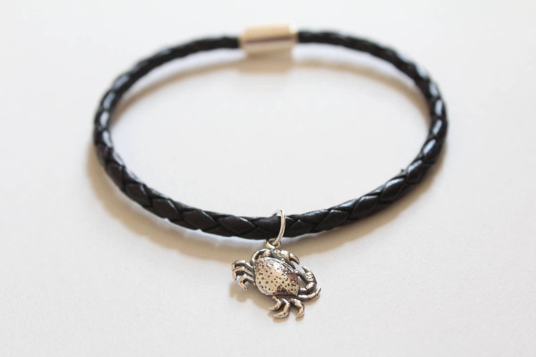 Leather Bracelet With Sterling Silver Crab Charm, Crab Charm Bracelet ...