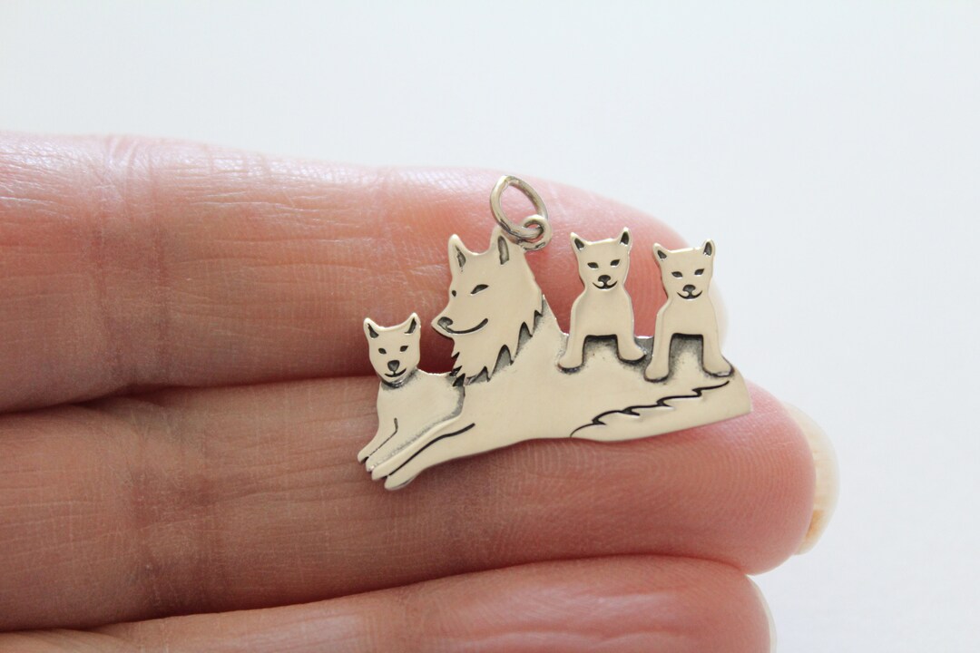 Sterling Silver Mama Wolf Pendant With Three Pups Charm - Etsy