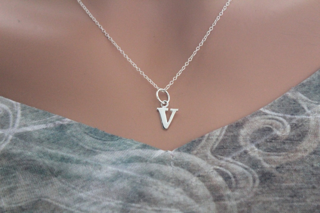 Sterling Silver Lowercase V Initial Charm Necklace, V Initial Necklace ...