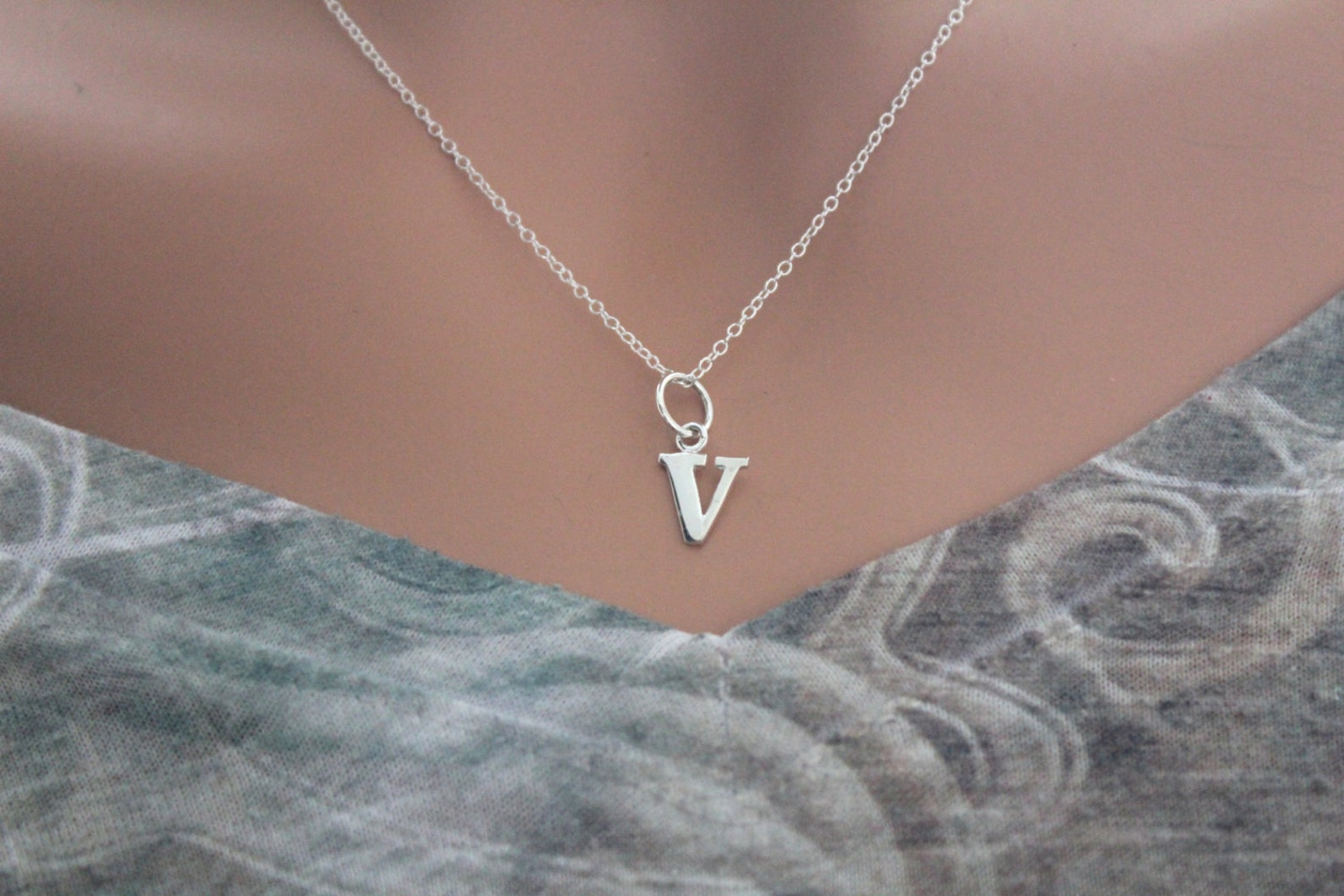Sterling Silver Lowercase V Initial Necklace - Etsy