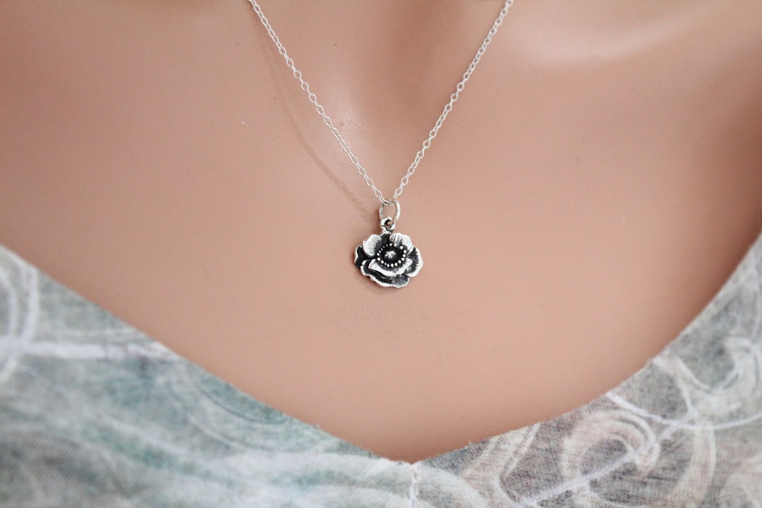 Sterling Silver Poppy Flower Necklace - Etsy