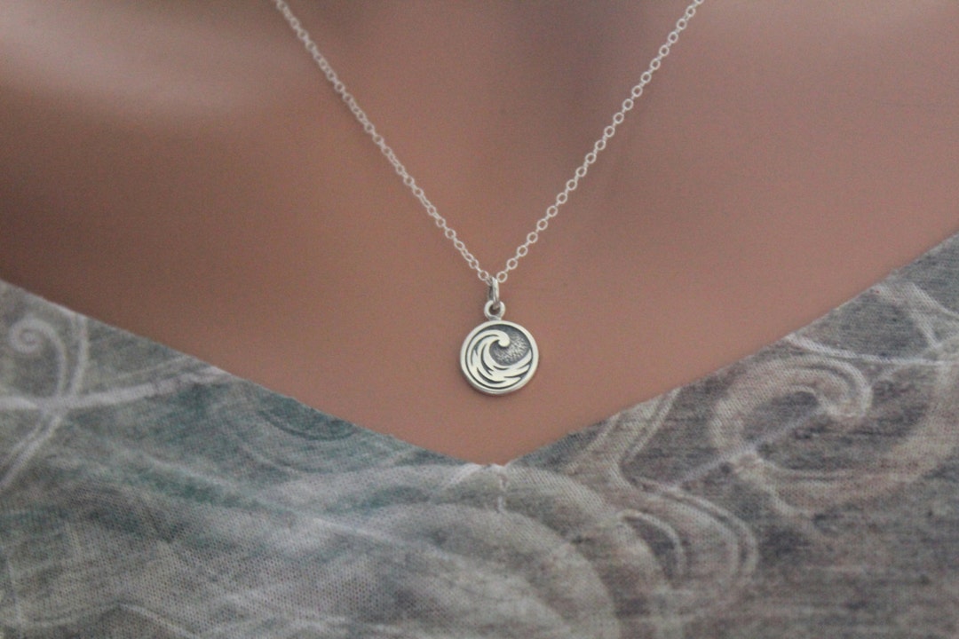 Sterling Silver Water Element Charm Necklace, Ocean Wave Necklace ...