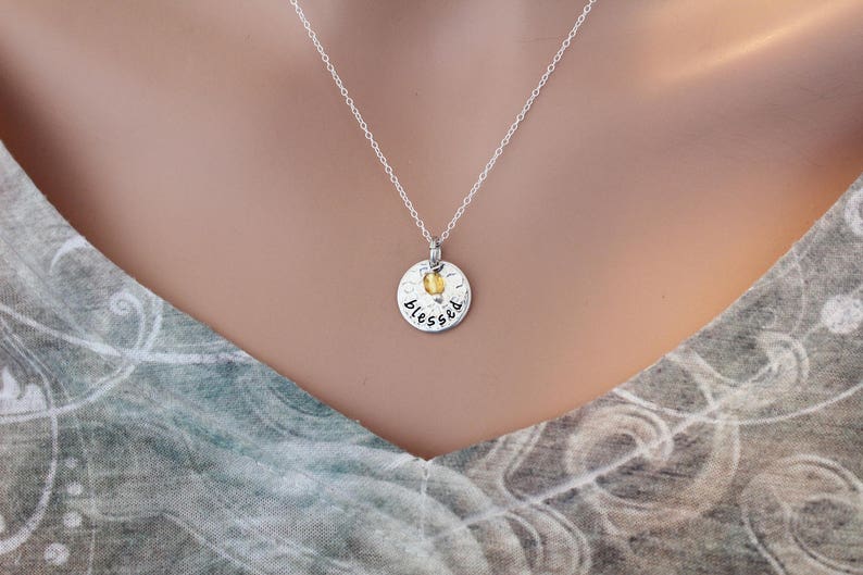 Sterling Silver Blessed Necklace: Textured Charm With Yellow Crystal - Etsy