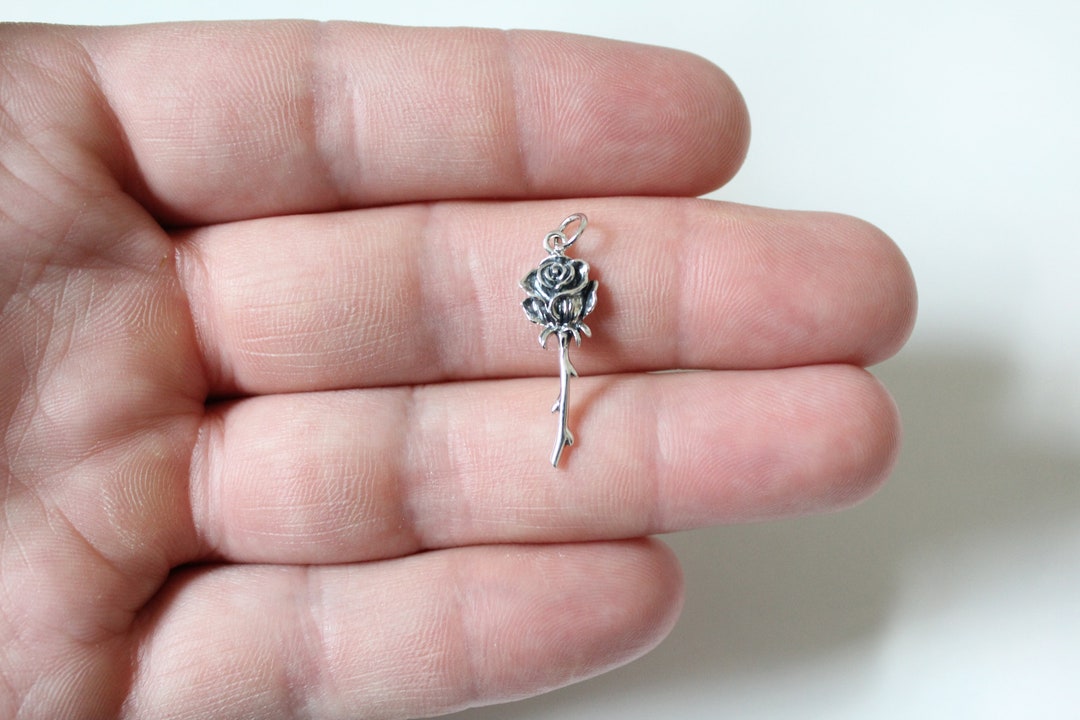 Sterling Silver Long Stem Rose Charm: Floral Pendant - Etsy