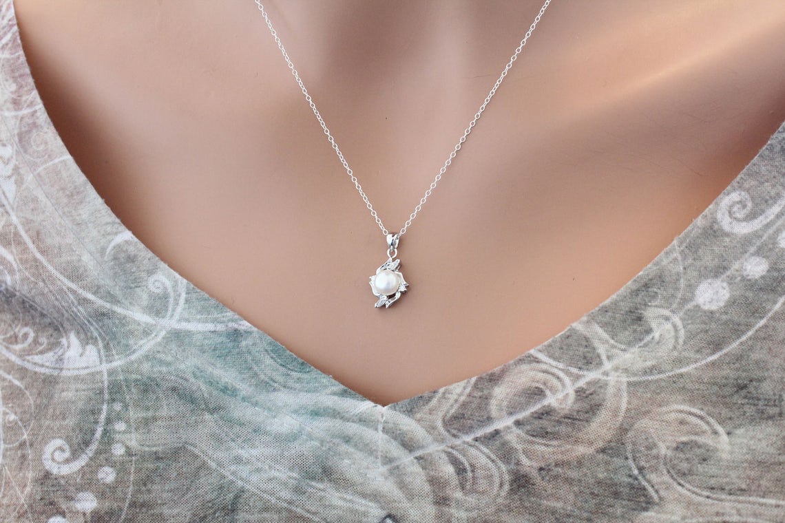 Elegant Freshwater Pearl Necklace With Small CZ Stones, Sterling Silver ...
