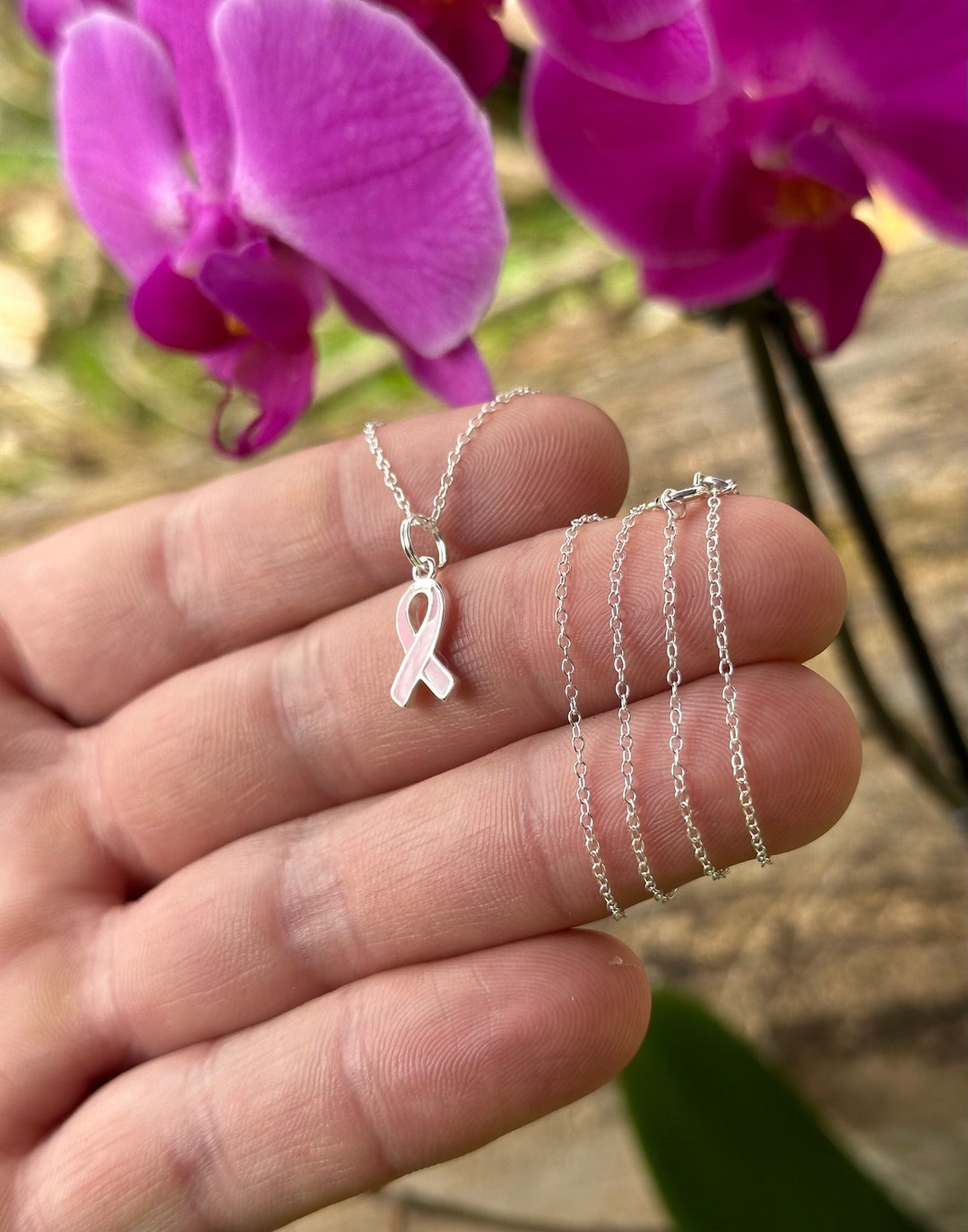 Sterling Silver Pink Ribbon Necklace: Breast Cancer Awareness Charm - Etsy