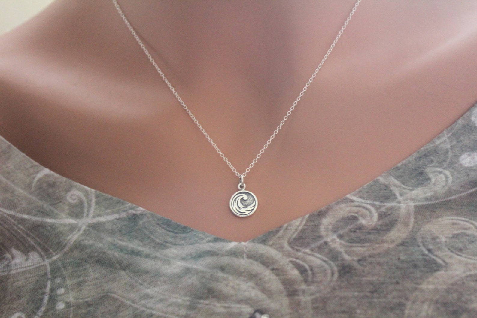 Sterling Silver Water Element Charm Necklace, Ocean Wave Necklace ...