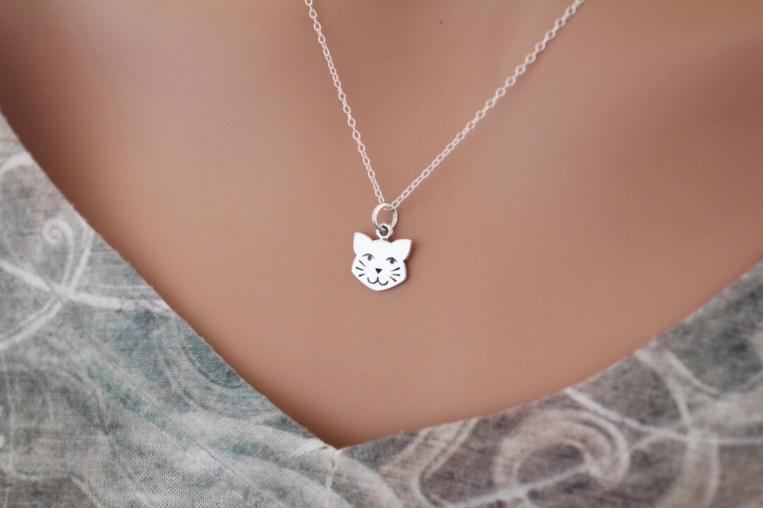 Sterling Silver Kitty Cat Face Charm Necklace, Cat Face Necklace, Kitty ...