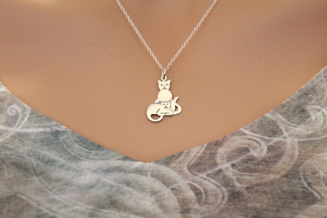 Sterling Silver Two Layer Mom and Baby Cat Charm Necklace, Silver Two ...