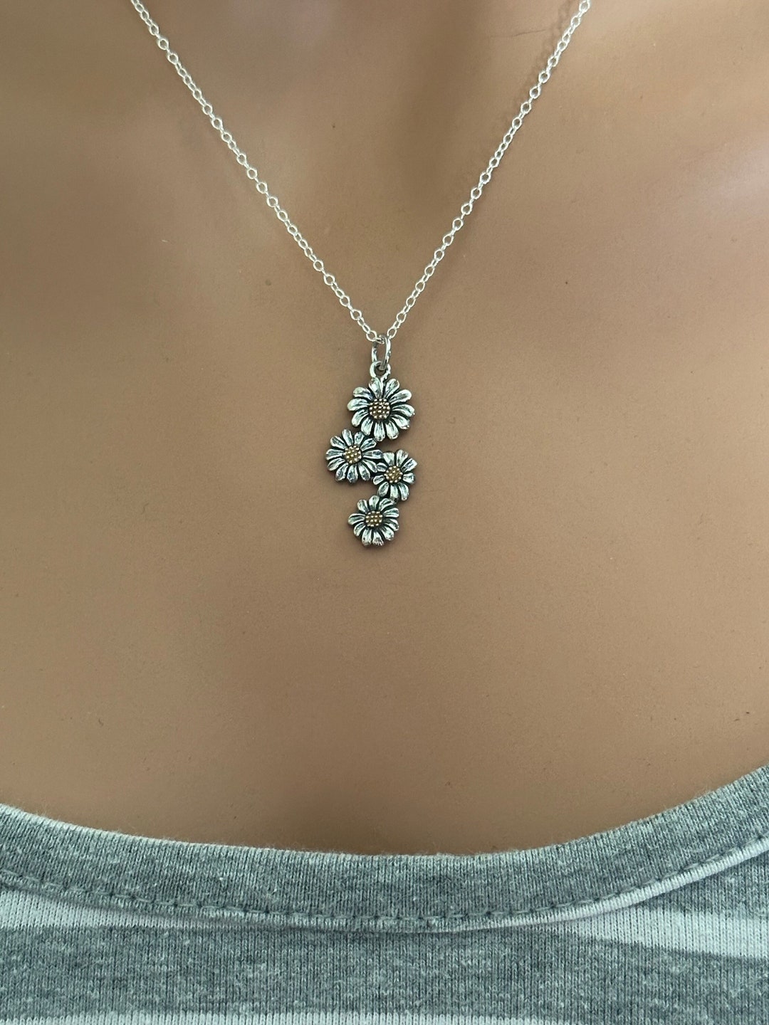 Sterling Silver Mixed Metal Daisy Cluster Necklace, Silver Mixed Metal ...