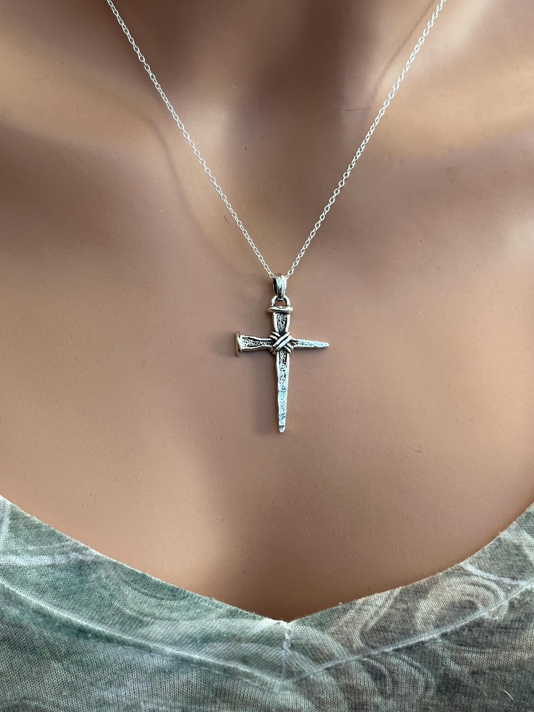 Sterling Silver Stake Cross Pendant Necklace, Silver Stake Cross Charm ...