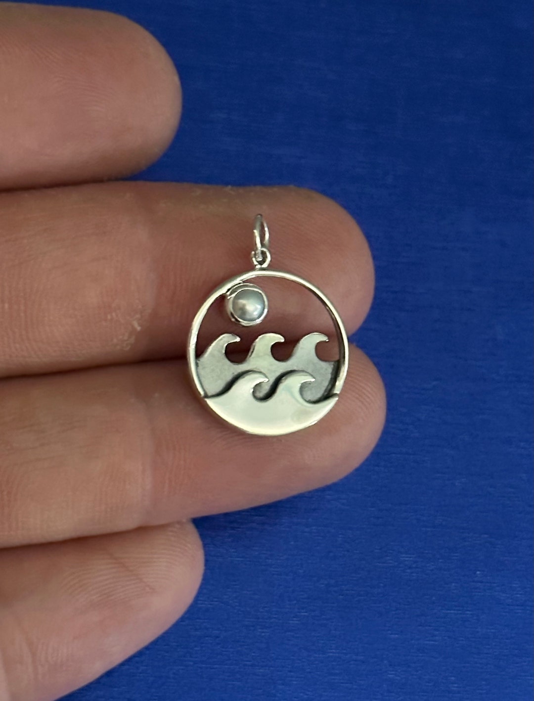 Sterling Silver Ocean Wave Charm With Pearl Moon - Etsy