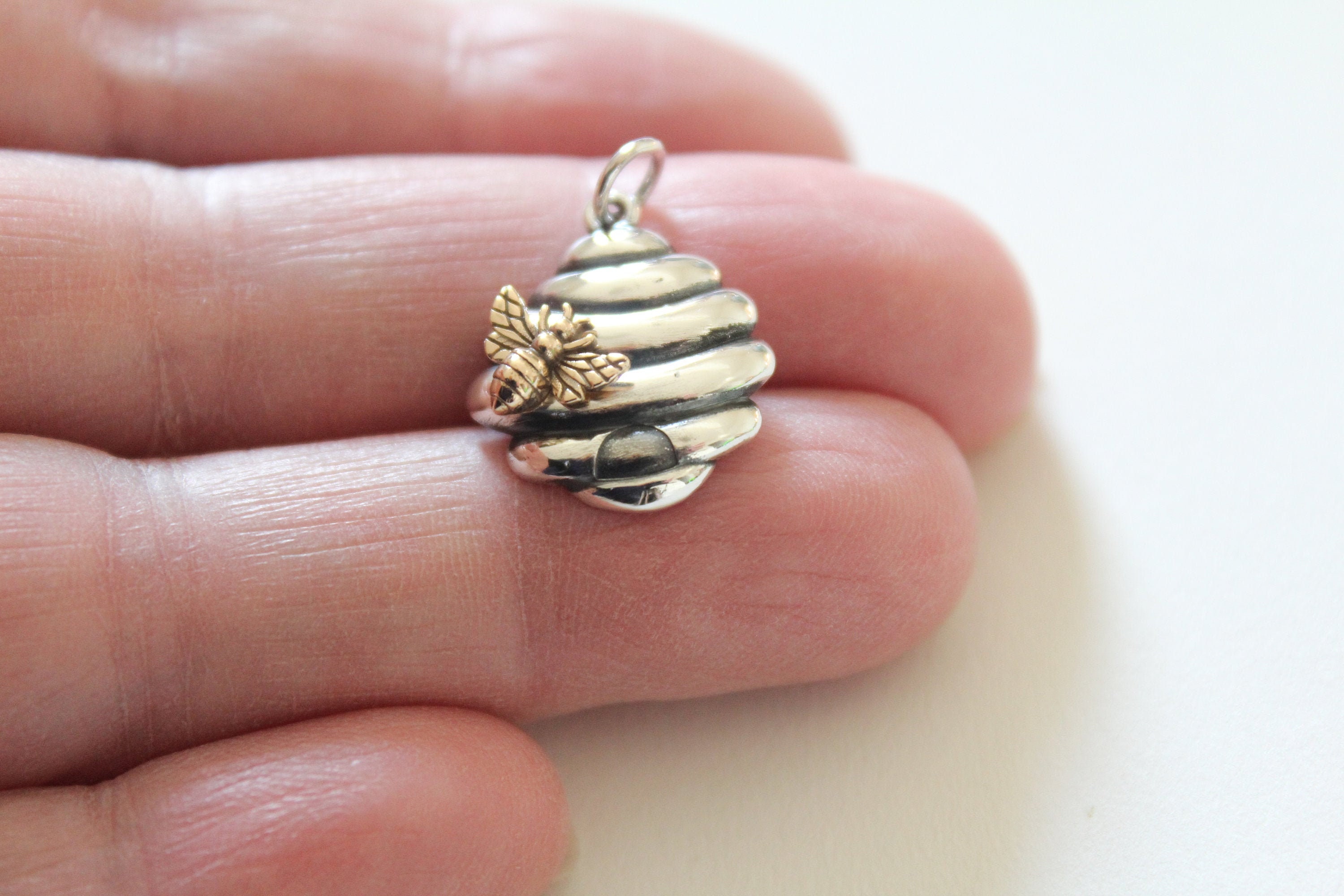 Sterling Silver Beehive Charm with Bronze Bee Silver Beehive | Etsy