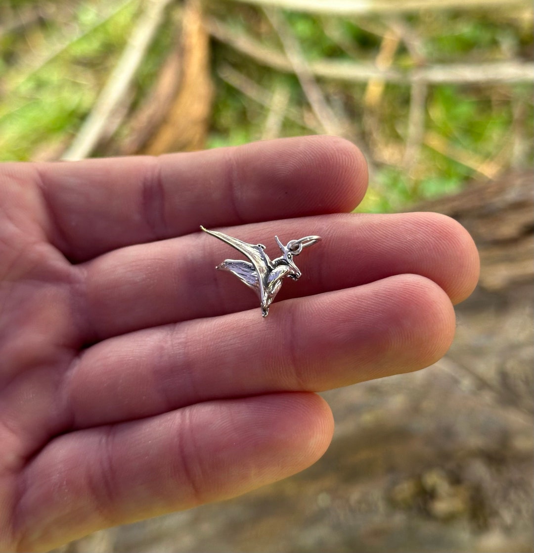 Sterling Silver Flying Pterodactyl Catching a Fish Pendant, Silver ...