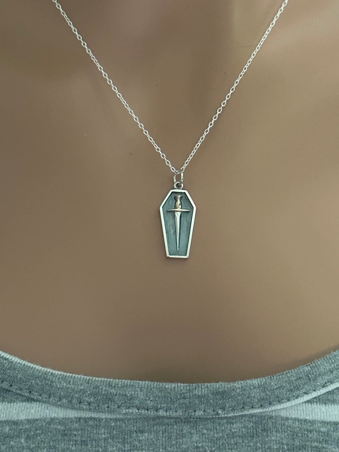 Sterling Silver Sword Charm Necklace: Mixed Metal Coffin Pendant - Etsy