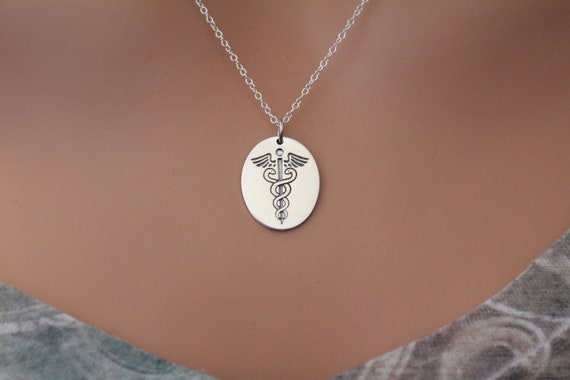Sterling Silver Medic Staff Charm Etched Oval Disk Necklace - Etsy