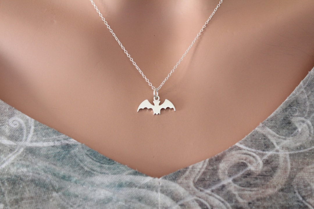 Sterling Silver Bat Necklace, Cute Bat Charm Necklace, Hanging Bat ...