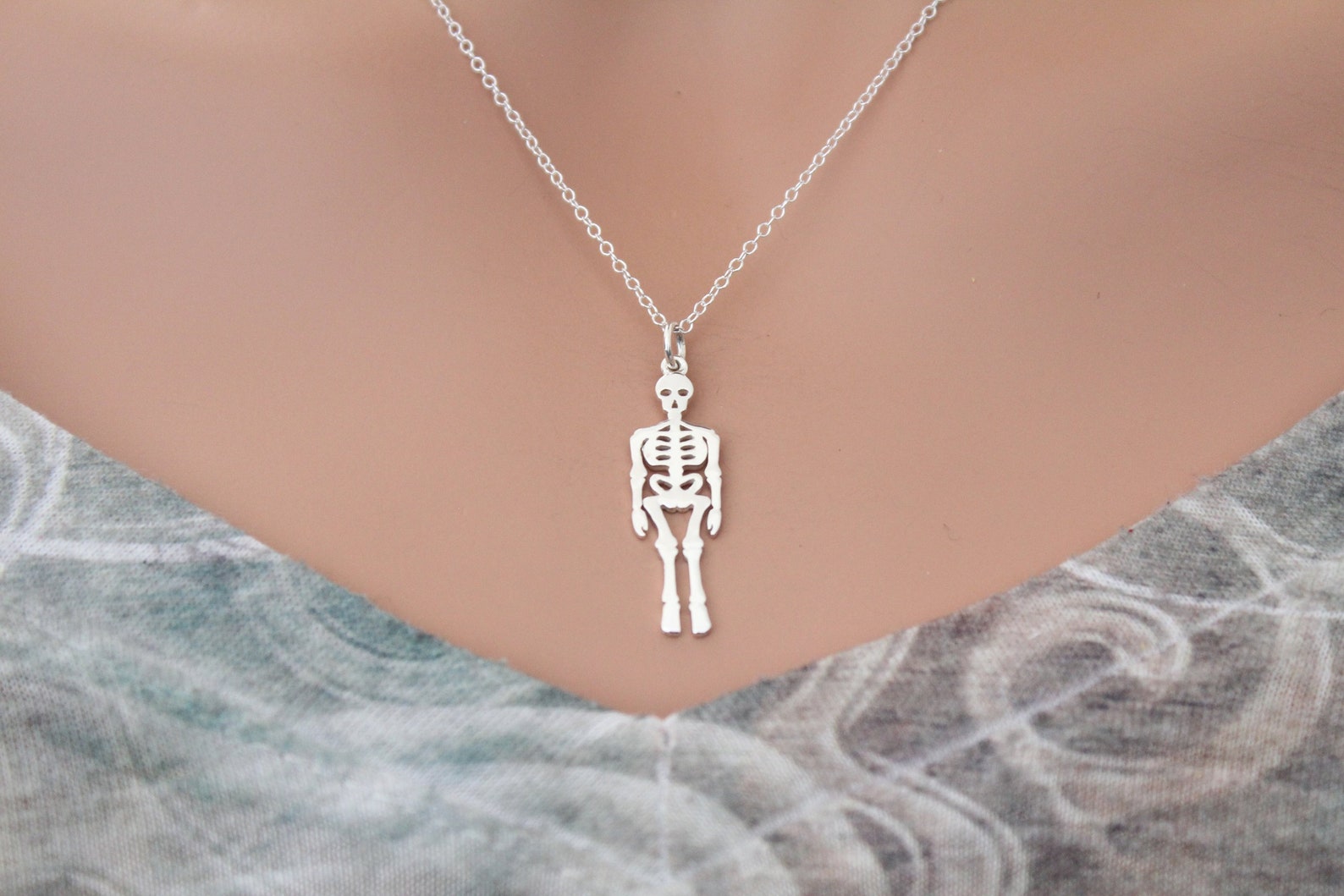 Sterling Silver Skeleton Charm Necklace, Silver Skeleton Pendant ...