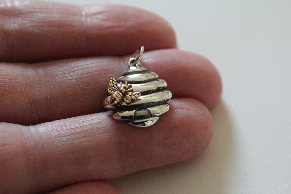 Sterling Silver Beehive Charm with Bronze Bee Silver Beehive | Etsy