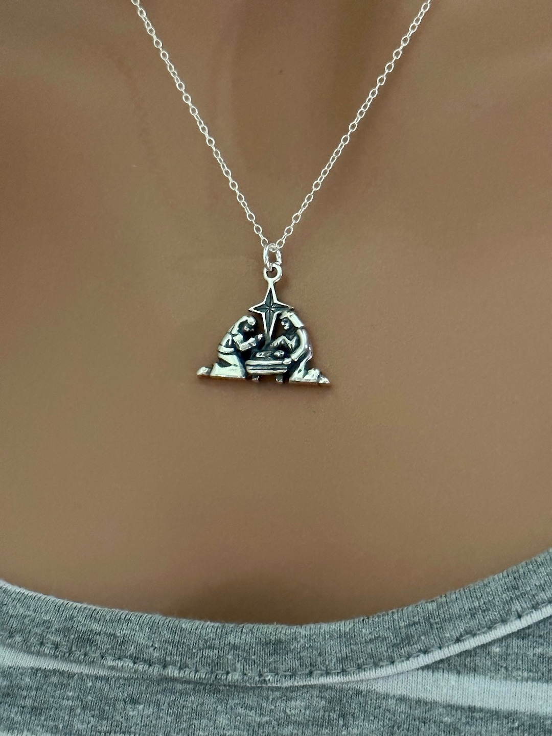 Sterling Silver Nativity Charm Necklace, Sterling Silver Nativity ...