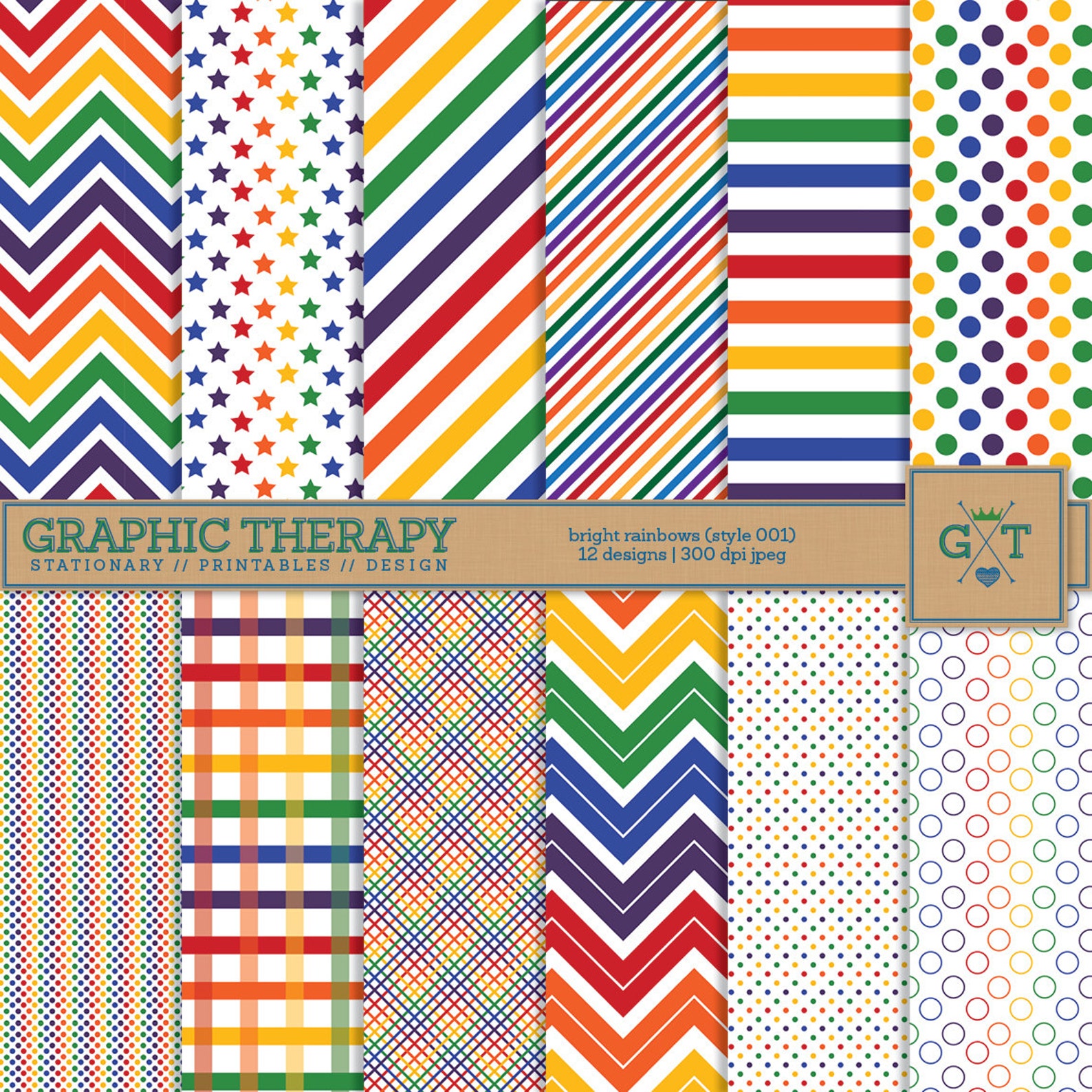 Rainbow Digital Paper Made With Chevrons Dots Stripes and - Etsy