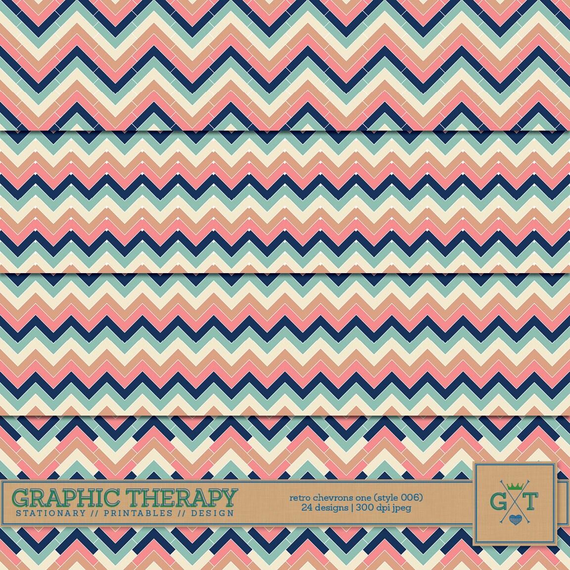 Retro Chevron Digital Patterned Papers // Blue, Turquoise, Tan, Coral ...