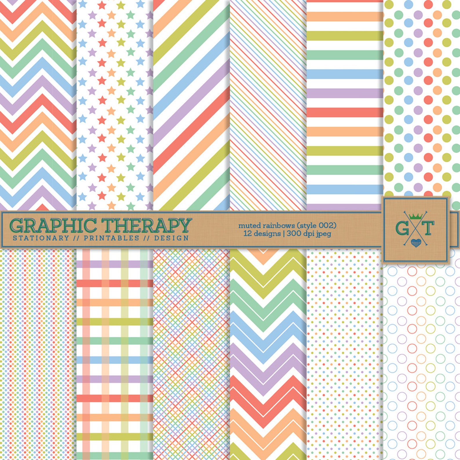 Muted Rainbow Digital Paper // Chevron, Dots, Stripes, Stars // Instant ...