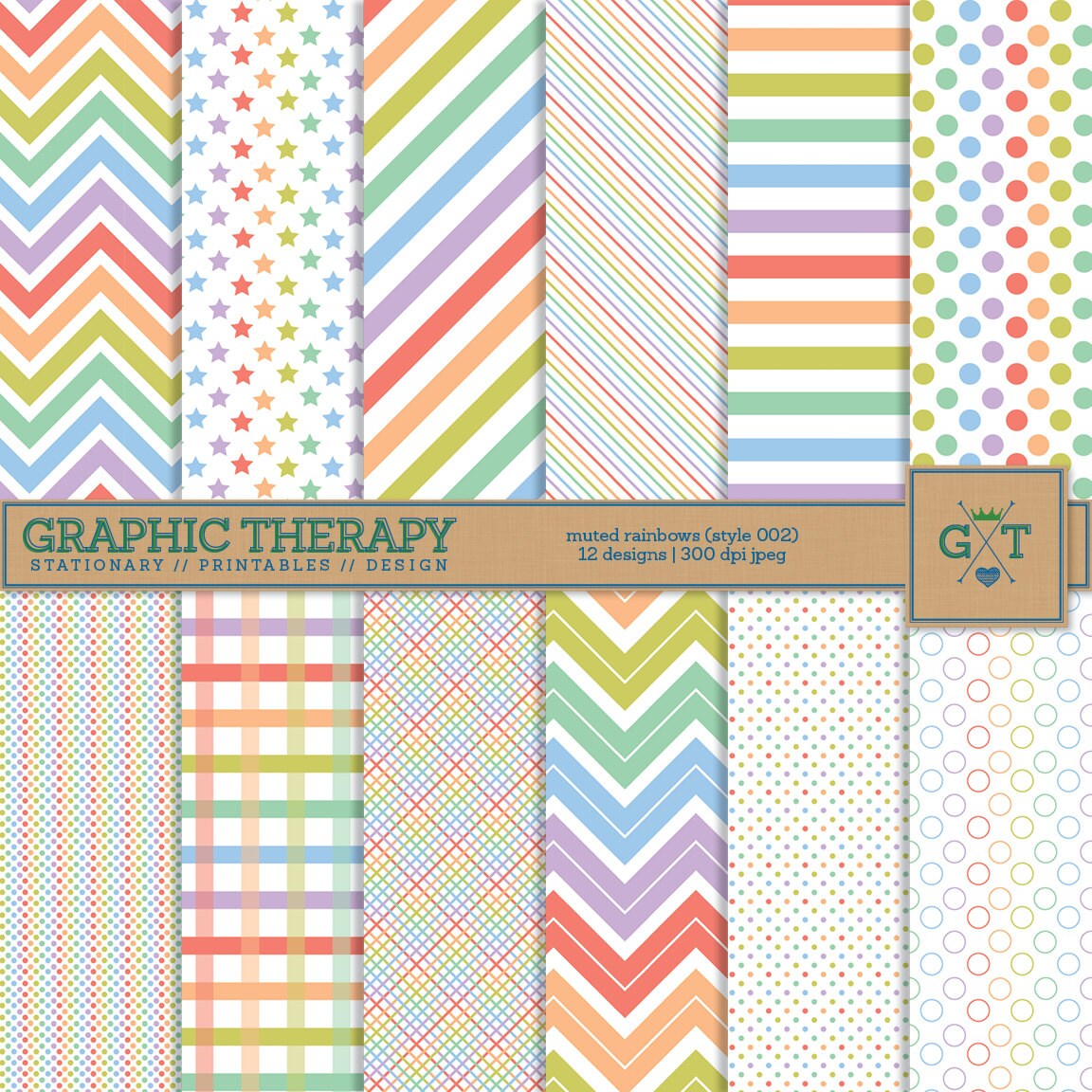 Muted Rainbow Digital Paper // Chevron, Dots, Stripes, Stars // Instant ...