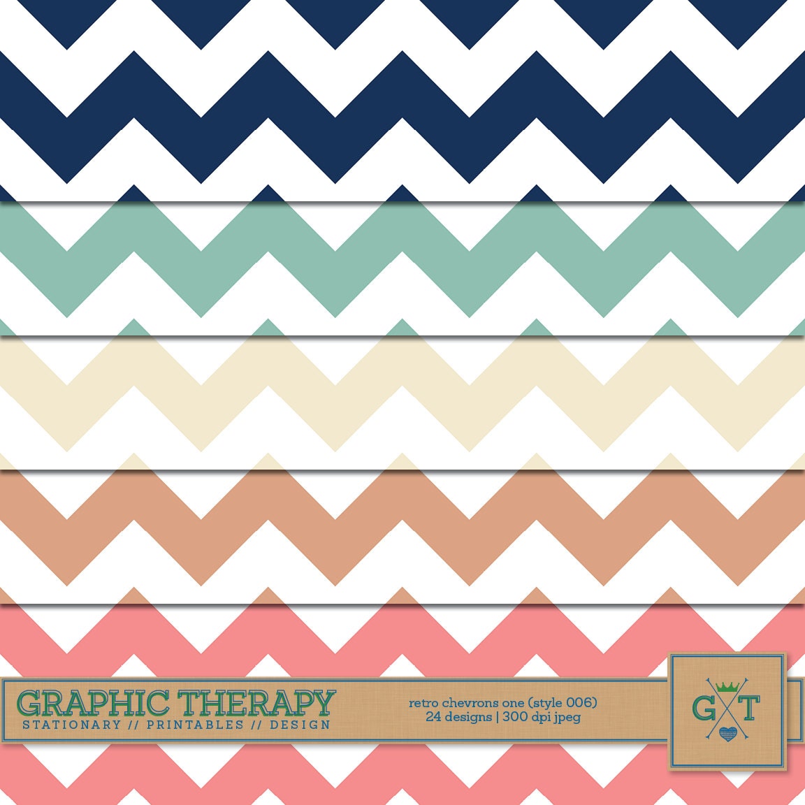 Retro Chevron Digital Patterned Papers // Blue, Turquoise, Tan, Coral ...