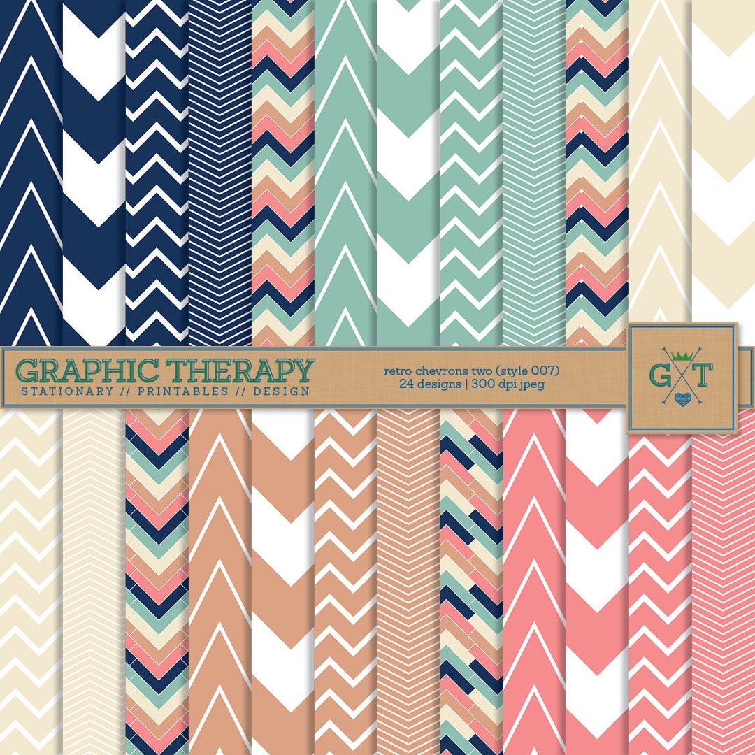 Retro Chevron Digital Patterned Papers // Blue, Turquoise, Tan, Coral ...