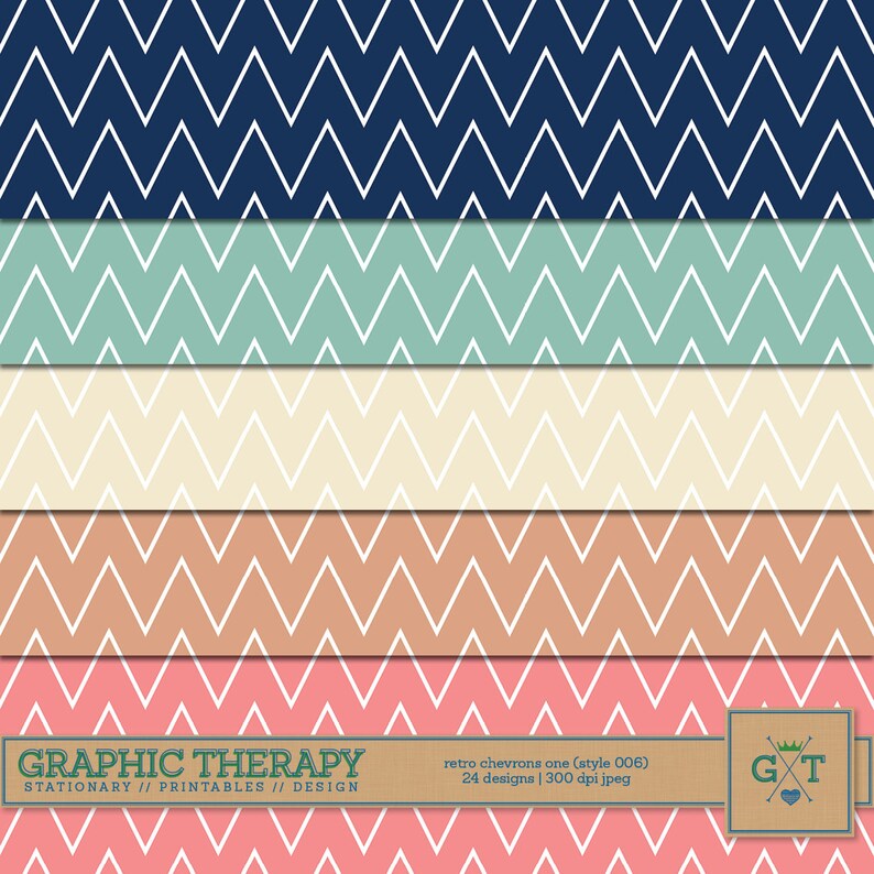 Retro Chevron Digital Patterned Papers // Blue, Turquoise, Tan, Coral ...