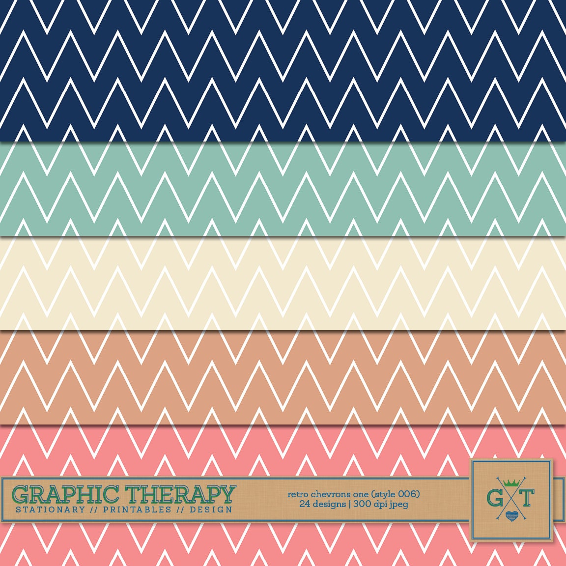 Retro Chevron Digital Patterned Papers // Blue, Turquoise, Tan, Coral ...