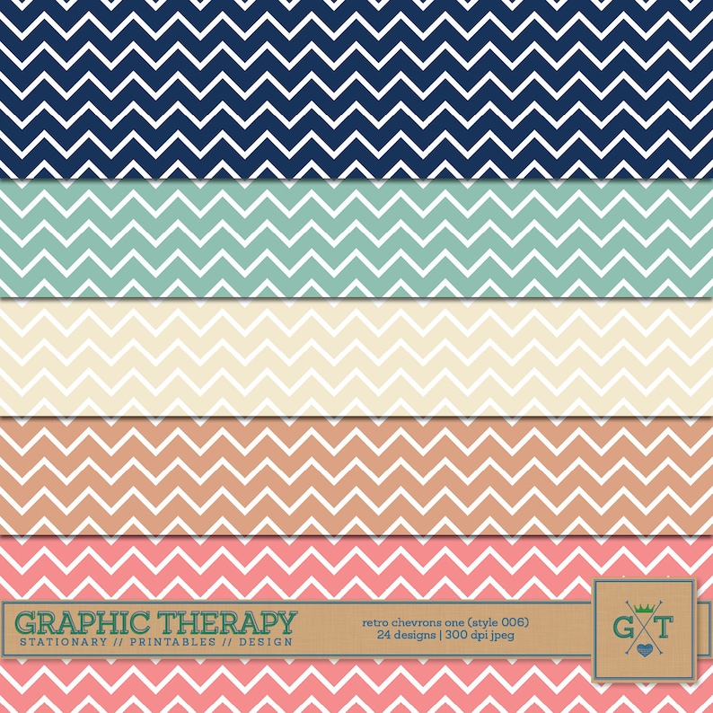 Retro Chevron Digital Patterned Papers // Blue, Turquoise, Tan, Coral ...