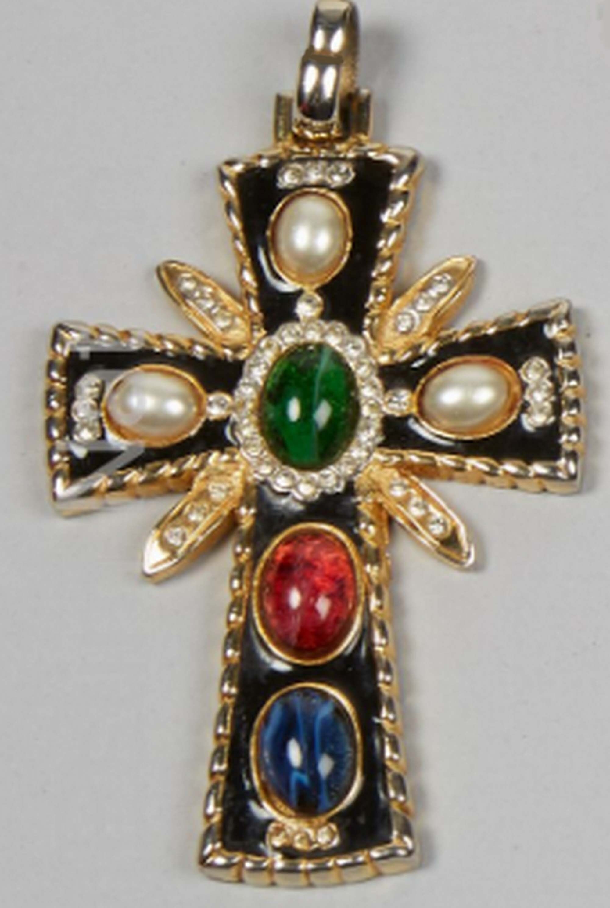 Very Beautiful Cross, Black Enamelled With 3 Resin Cabochons ...
