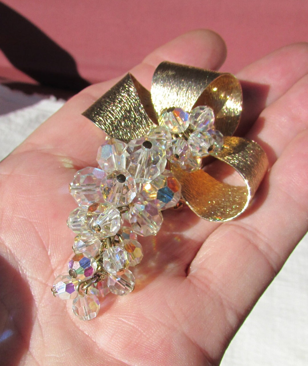 Vintage Huge Bow Brooch AB Crystal Beads Graduated Cascade Cha Cha ...