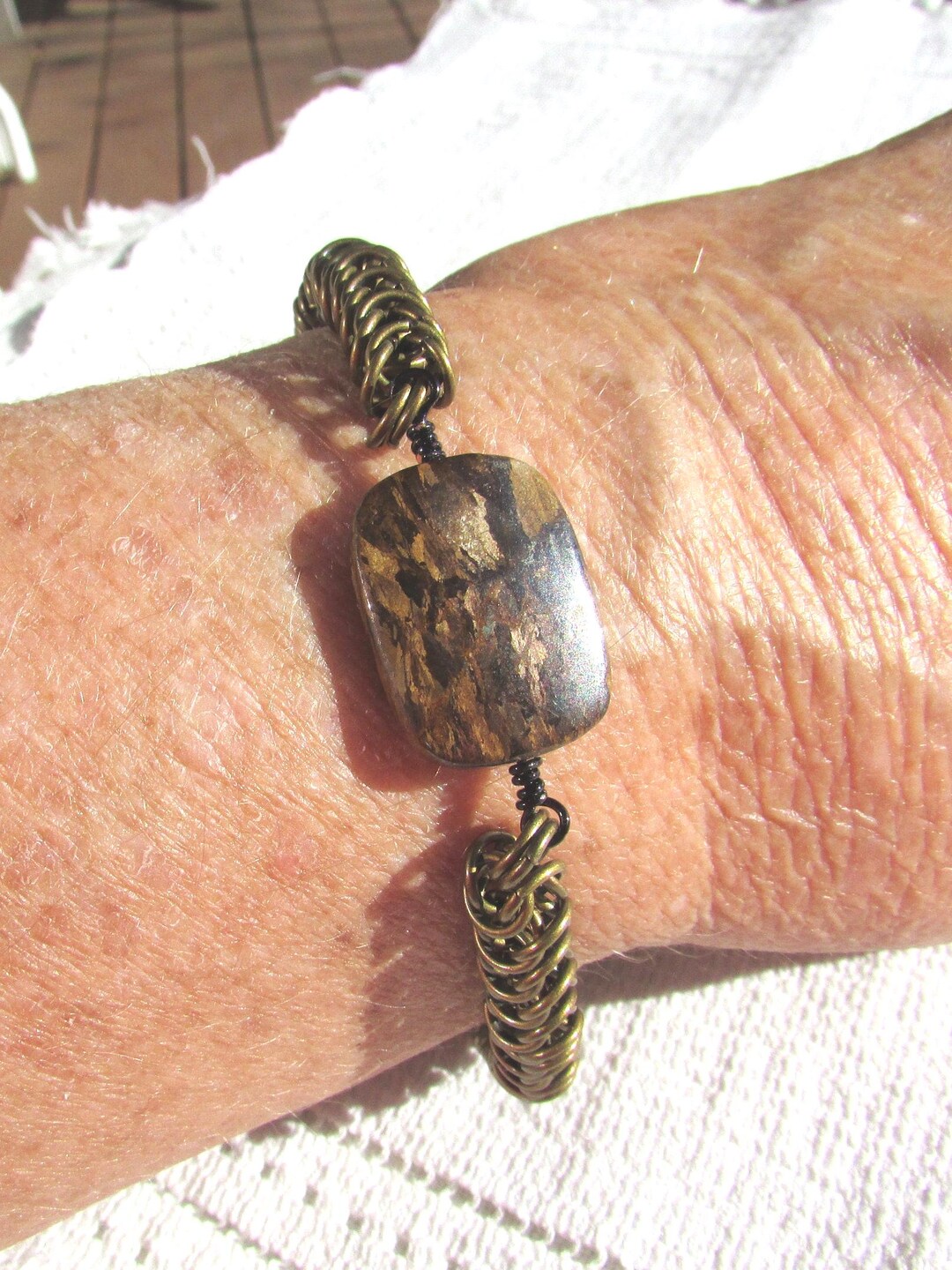 Vintage OOAK Bracelet Antique Gold Foxtail Chain Mail Maille Pietersite ...