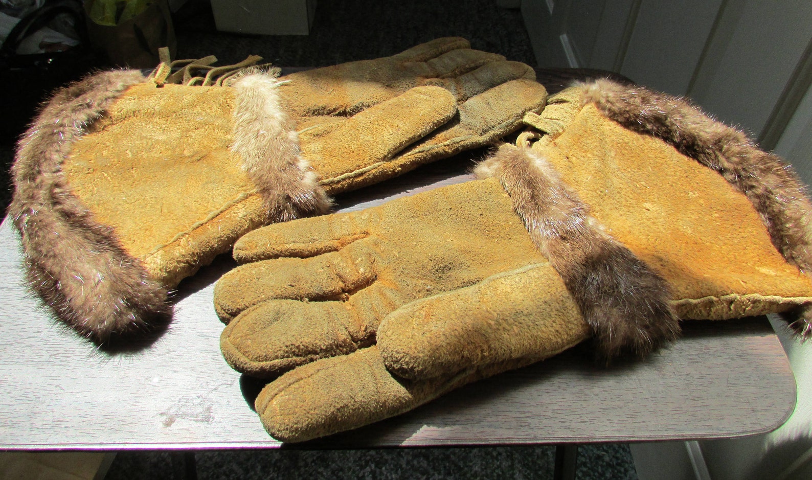 Vintage Native American Beaded Gauntlet Gloves With Fur Trim and Fringe ...