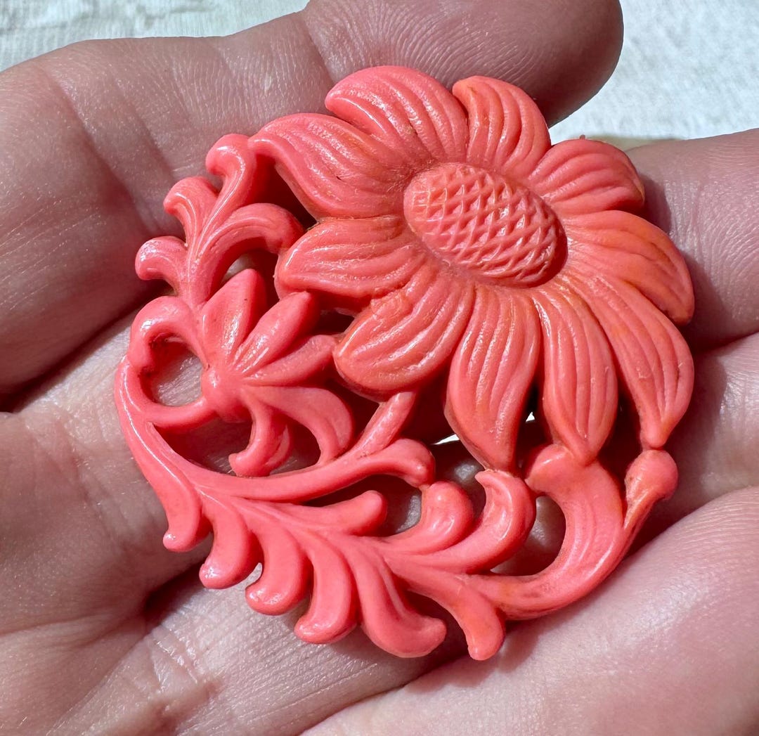 Vintage Celluloid Carved Flower Pin Brooch C Clasp Faux Coral Shipping ...