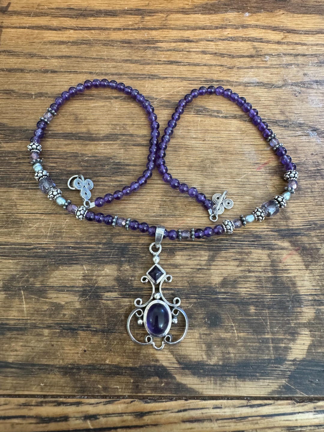 Vintage Unisex Amethyst, Pearls, Crystals and Silver Necklace ...