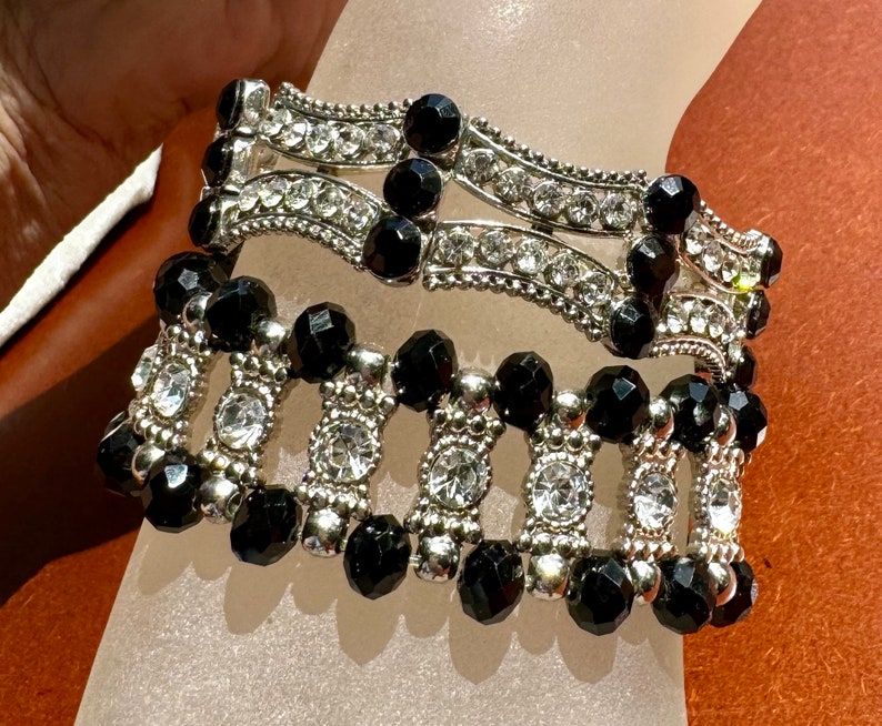 Vintage Expansion Bracelet Pair Black and Clear Rhinestone Hollywood ...
