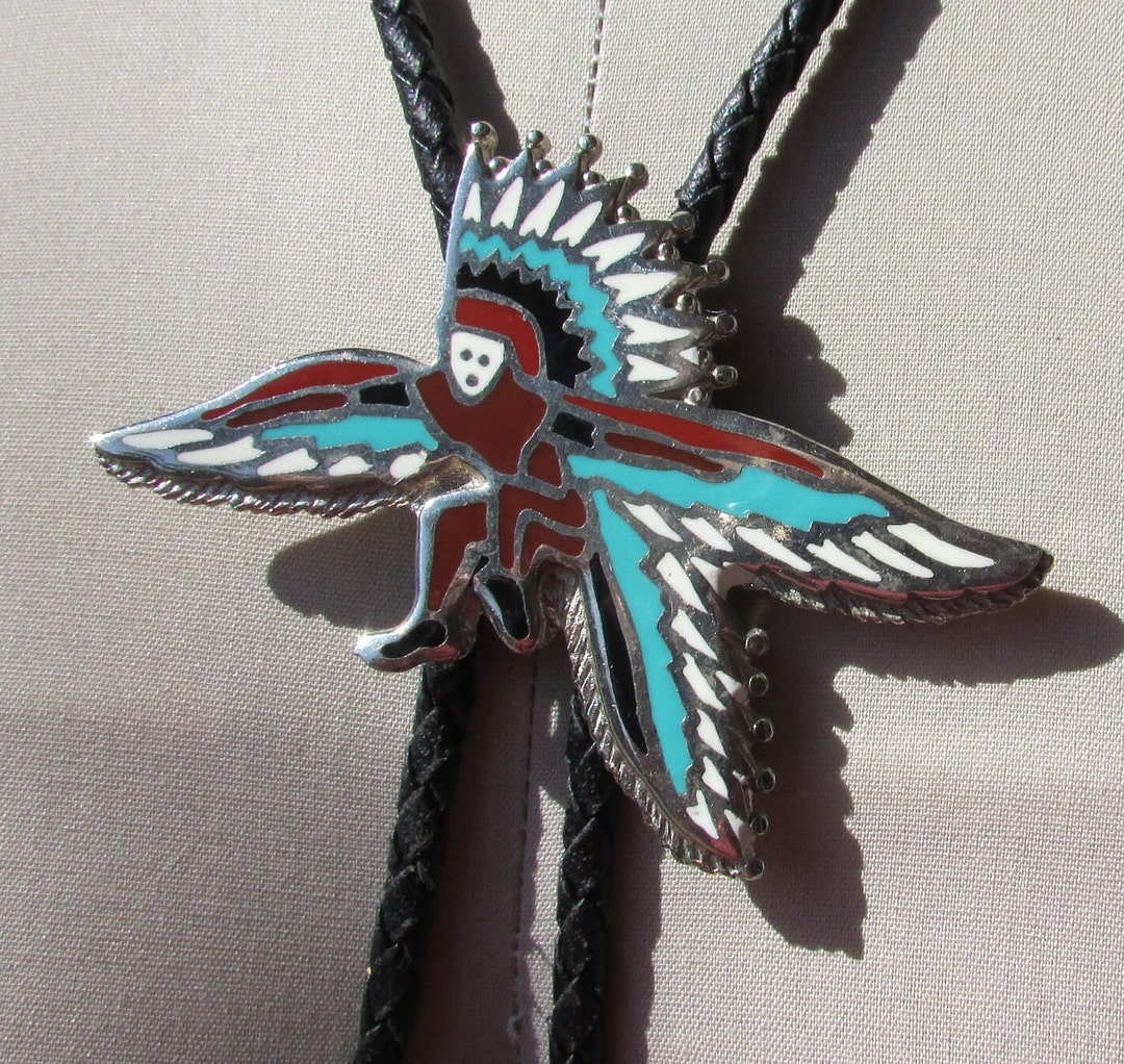 Vintage Faux Native American Inlay Style Eagle Dancer Bola Bolo Tie ...