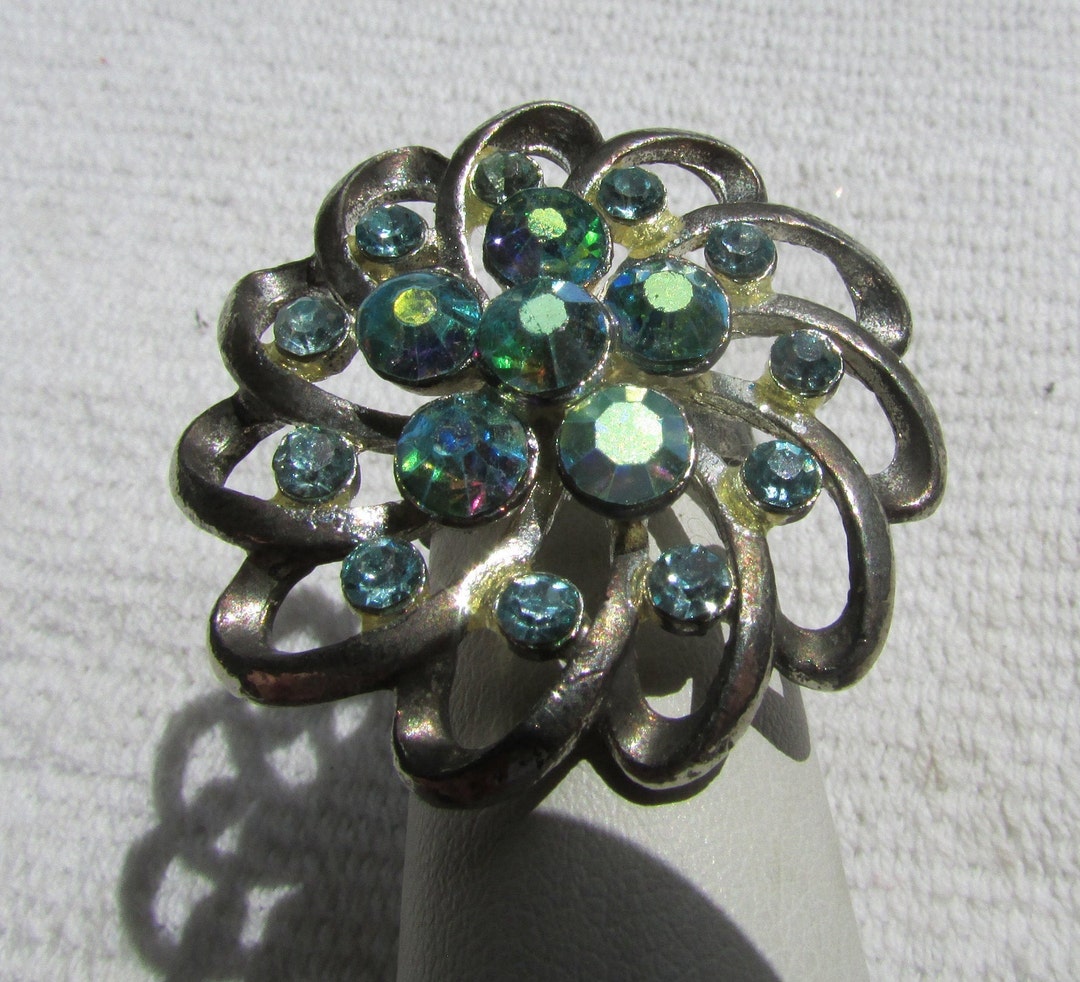Vintage Ring Lacy Shabby Chic Blue Rhinestones Large Costume Statement ...