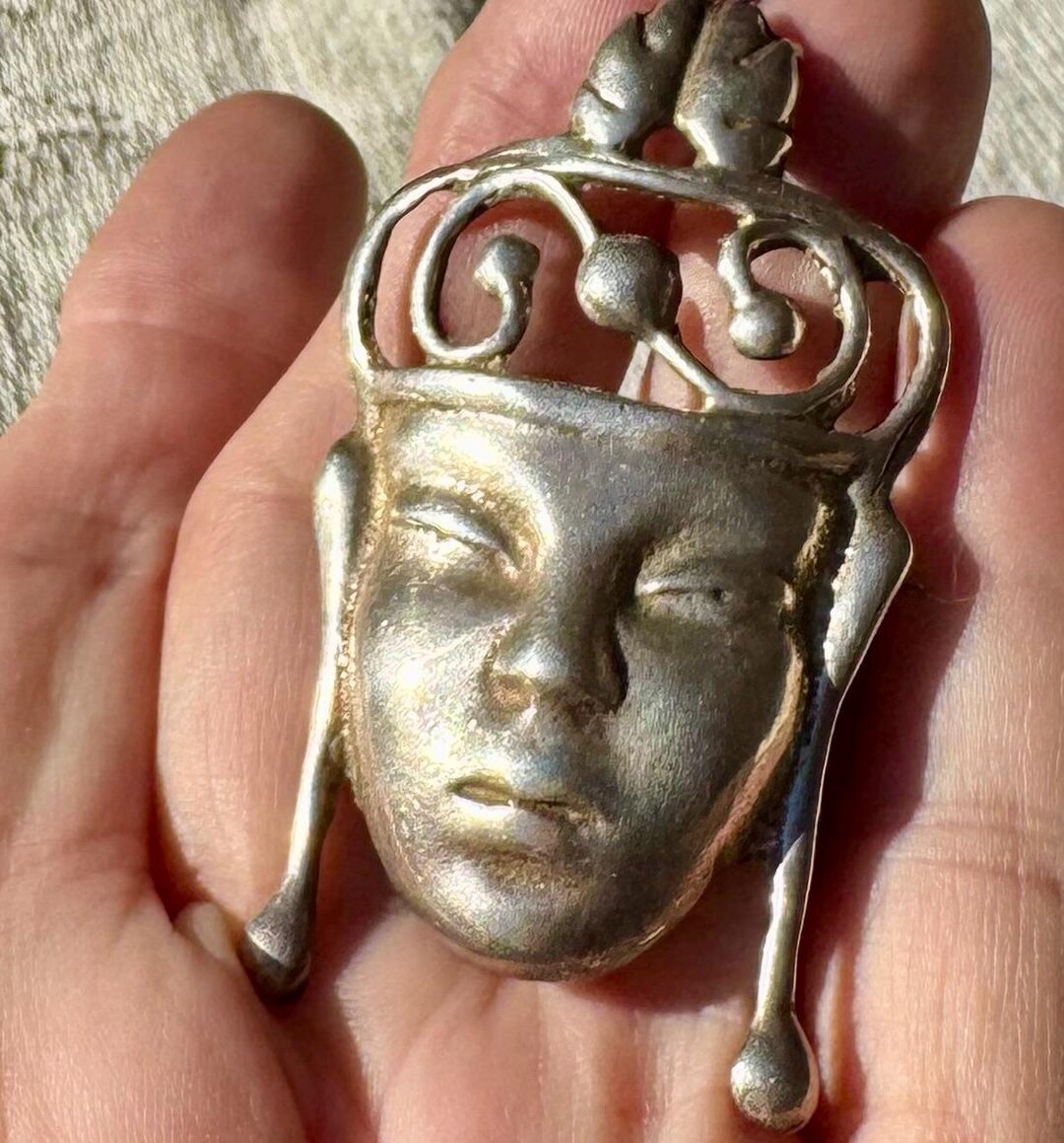 Vintage Brooch Book Piece Asian Goddess Face Mask Sterling Pin Estate ...
