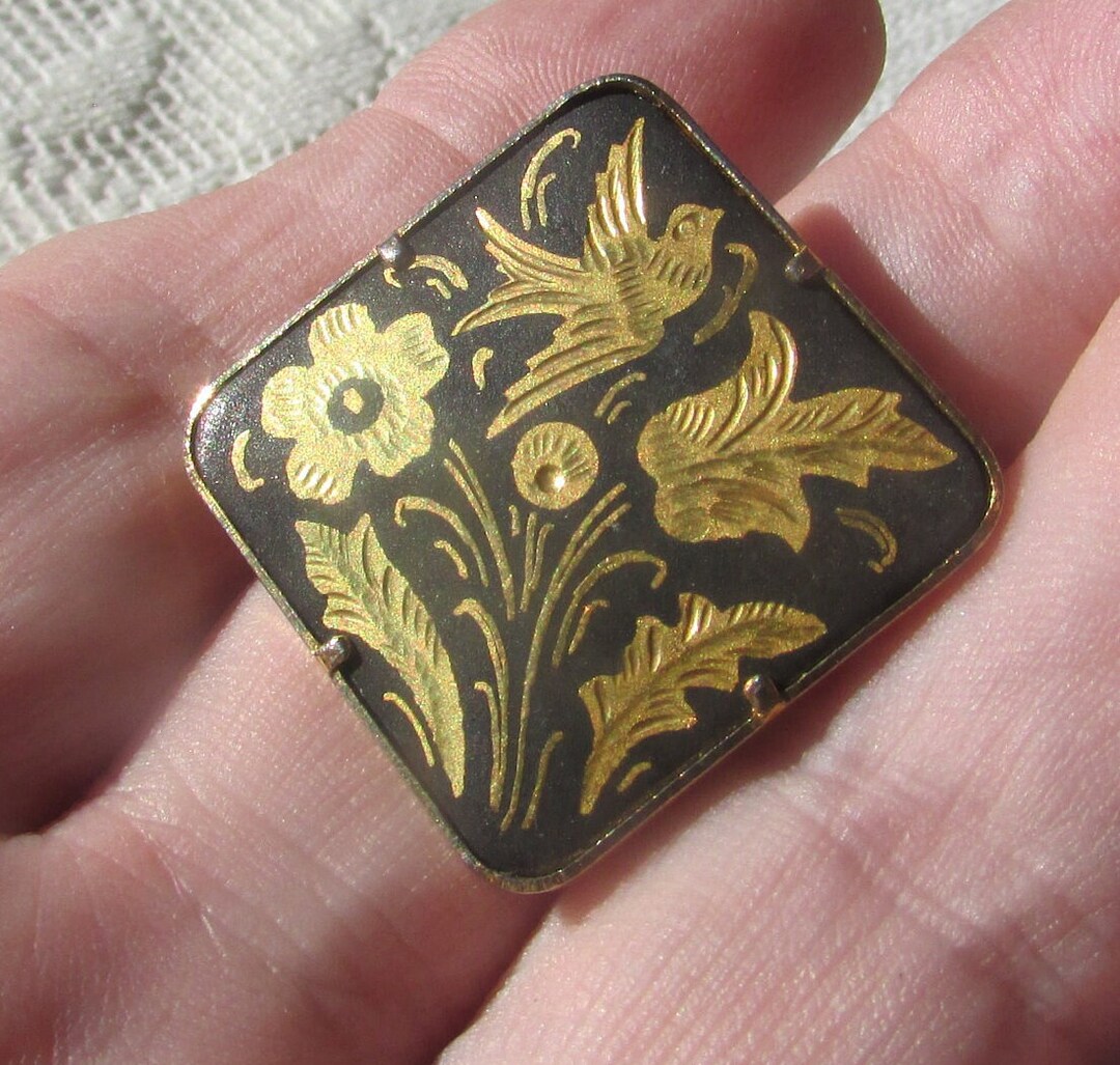Vintage Genuine Toledo Damascene Brooch 2 Color Gold Trombone Clasp ...