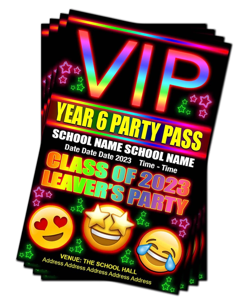 Personalised School Leavers, Prom, Emoji, VIP Pass Party Invitation ...