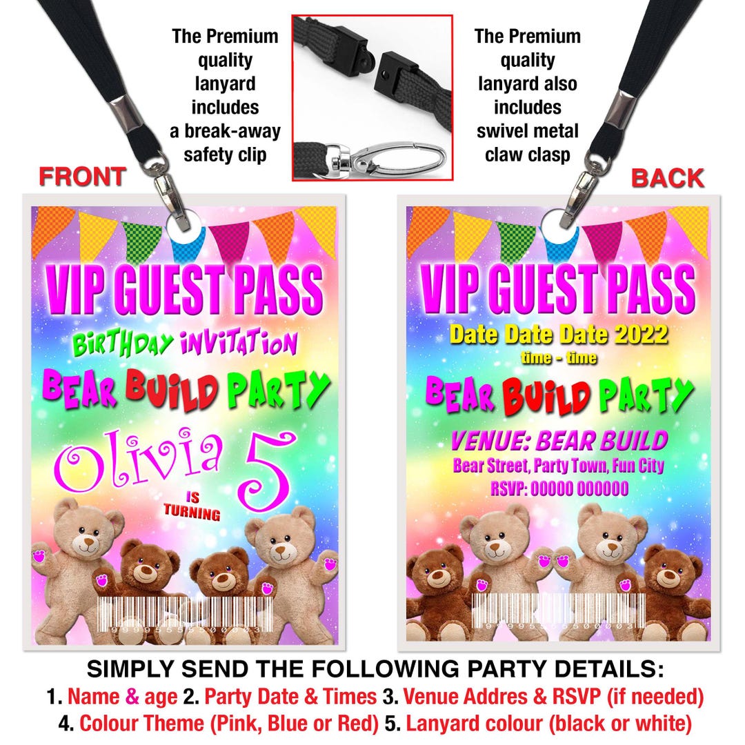 Personalised Teddy Bear Build, Birthday Party Lanyards, VIP Pass, Girls ...
