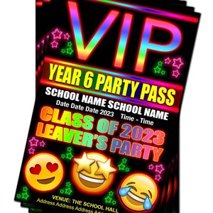 SCHOOL LEAVERS VIP Party Pass Invitations, Ball, Disco, Dance, Emoji ...