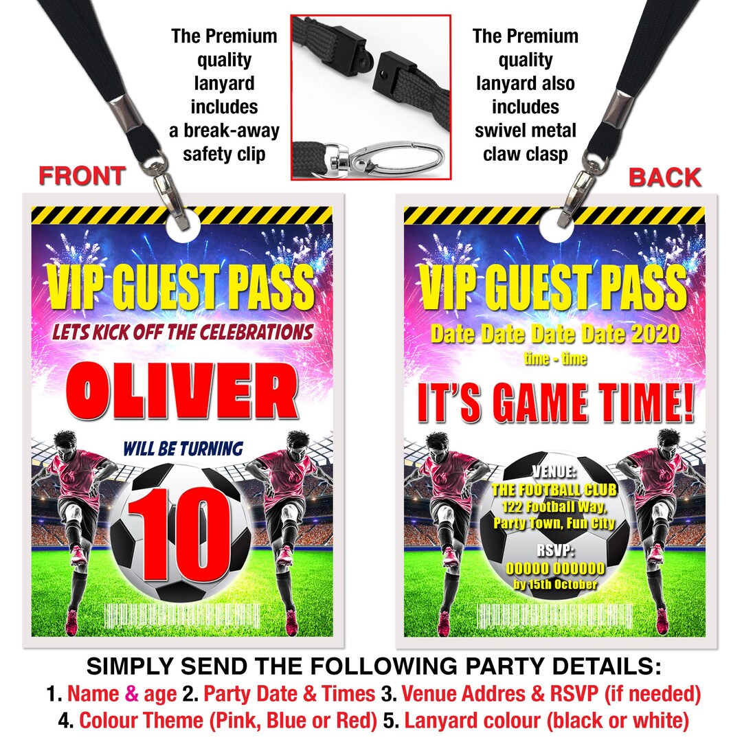Personalised Football, Soccer, Birthday Party Lanyards, VIP Pass, Girls ...