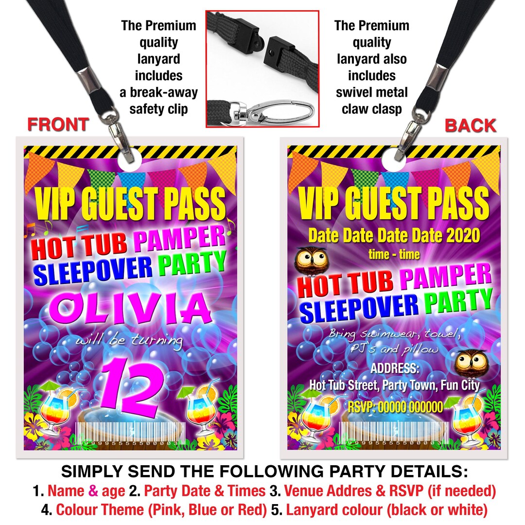 Personalised Sleepover, Hot Tub, Birthday Party Lanyards, VIP Pass ...