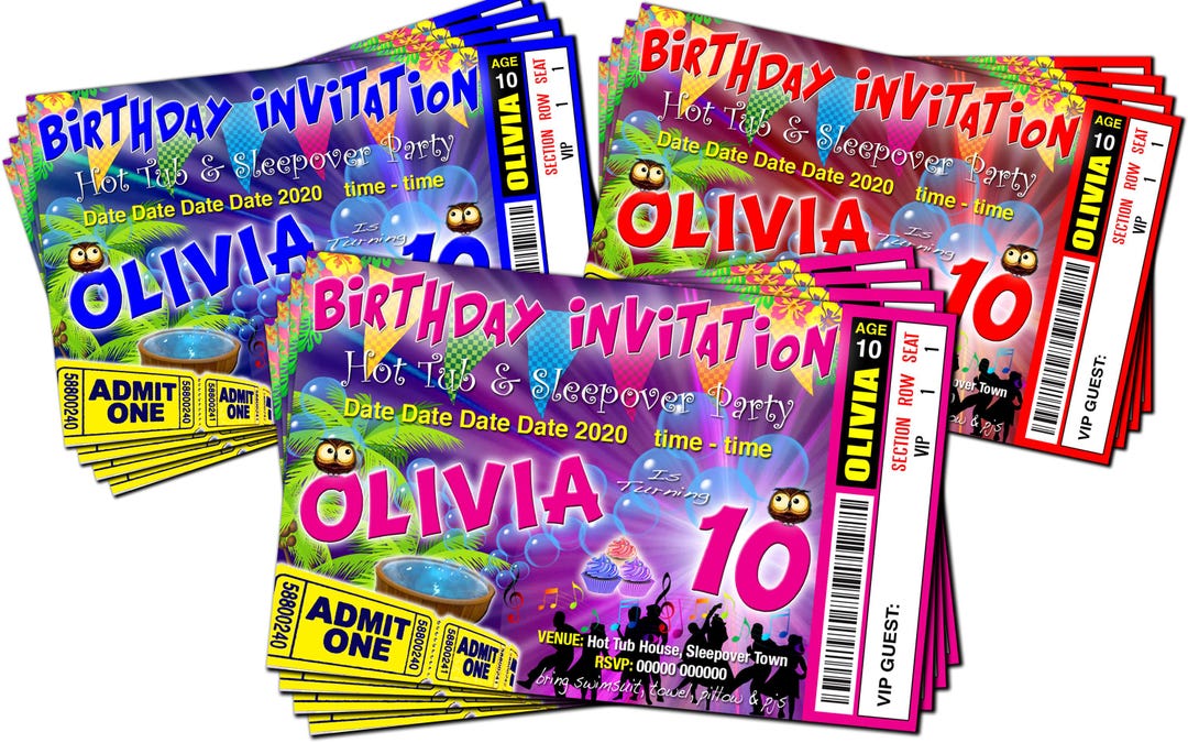 Personalised Hot Tub Ticket Sleepover Style Birthday Party Invitation ...